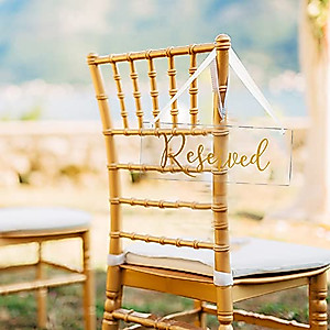 6 Pcs Reserved Signs for Wedding Chairs Reserved Chair Signs Reserved Hanging Sign Reserved Signs for Wedding Reserved Seating Signs for Chairs Acrylic Handmade Seat Signs with Ribbon(Gold)