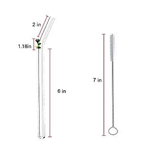 3pcs Reusable Glass Straws Green Turtle on Clear Bent Straw 8 in x 9 mm With Cleaning Brush, Perfect for Smoothies, Cocktails