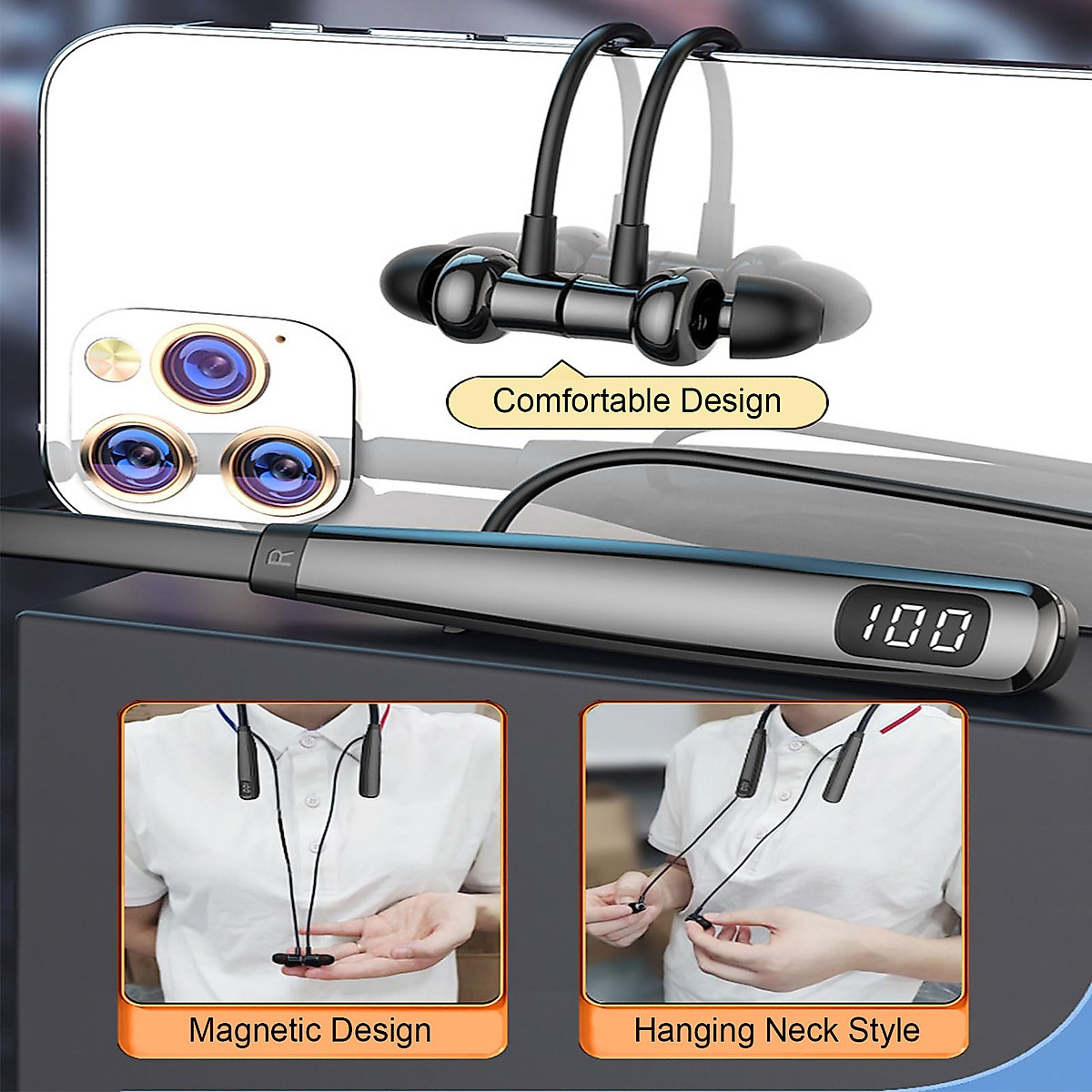 CHUYI Wireless Bluetooth 5.3 Neckband Headphone, Hanging Neck Magnetic Attraction Headset with LED Power Display, Foldable Silicone Collar Sports Earphone with Type C Port, 100Hrs Playtime (Black)