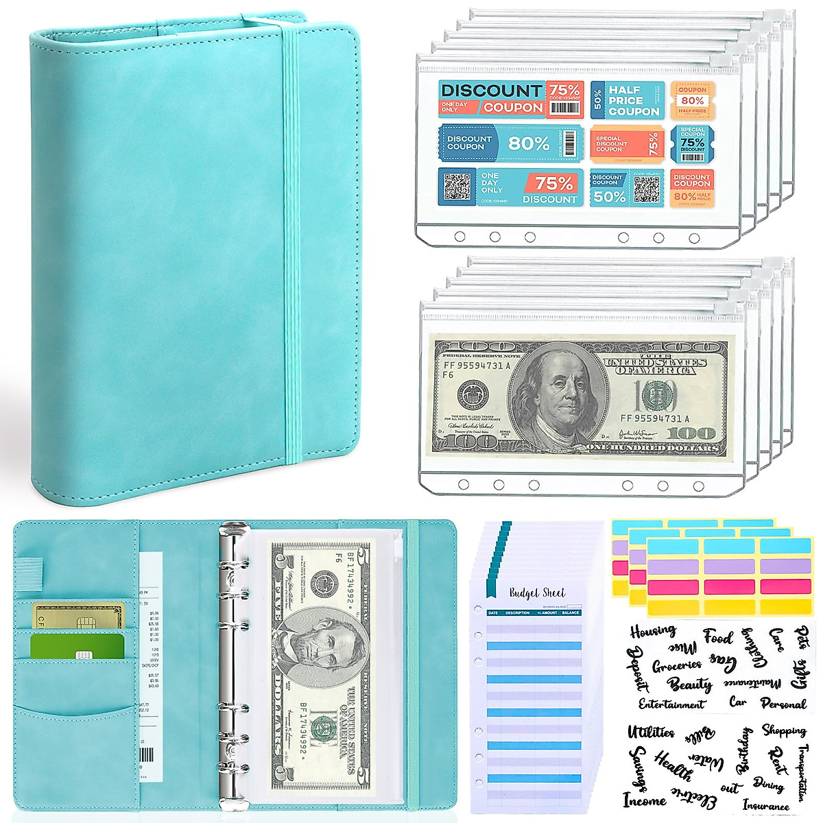 LINTRU Budget Binder with Zipper Envelopes, Money Organizer for Cash, A6 Binder with 10pcs Cash Envelopes for Budgeting, 12pcs Budget Sheets and 36pcs Stickers for Savings Binder (Ice Green)