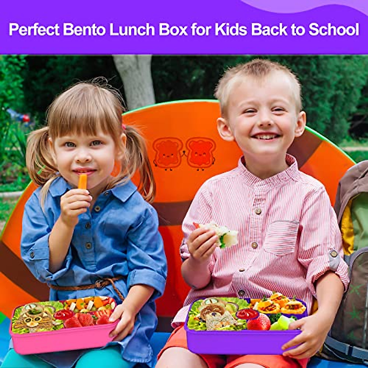 KEMETHY Bento Lunch Box for Kids, Purple, 4 Compartment Leakproof Lunch Box with Built-in Utensils, Microwave/Dishwasher/Freezer Safe, BPA-Free and Reusable