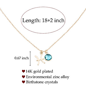 TGOLM 14k Gold Plated Pisces Sign March Birthstone Created-aquamarine Crystal Necklace for Women Birthday Gift