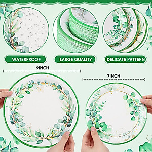 Mumufy 100 Pack Sage Green Paper Plates Eucalyptus Dinner Plates and Greenery Leaves Dessert Plates Spring Summer Decorative Tableware for Wedding Baby Shower Bridal Shower Birthday Party Supplies