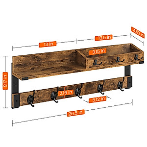 Homode Coat Rack with Shelf, Wall Shelf with Hooks, 26 Inch Long Coat Hanger Wall Mount with Key and Mail Holder, Wood Entryway Shelf for Hanging Hat Jacket Backpack Purse, Rustic Brown Black