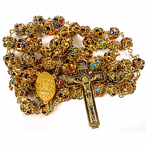 Nazareth Store Gold Plated Rosary Necklace with Colorful Crystallized Beads Miraculous Medal Cross Crucifix