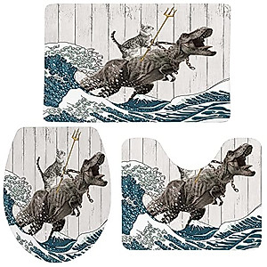 Boziqr Funny Cat Shower Curtain Set - Cute Cat Riding Dinosaur, Ocean Wave Bath Mat, Contour Mat, Toilet Lid Cover