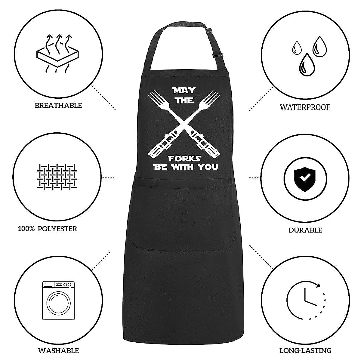 POTALKFREE Funny Cooking Aprons for Men Women with Pocket, May The Forks Be With You Kitchen Chef Apron, BBQ Grilling Gifts for Birthday Christmas Thanksgiving Husband Dad Mom Wife