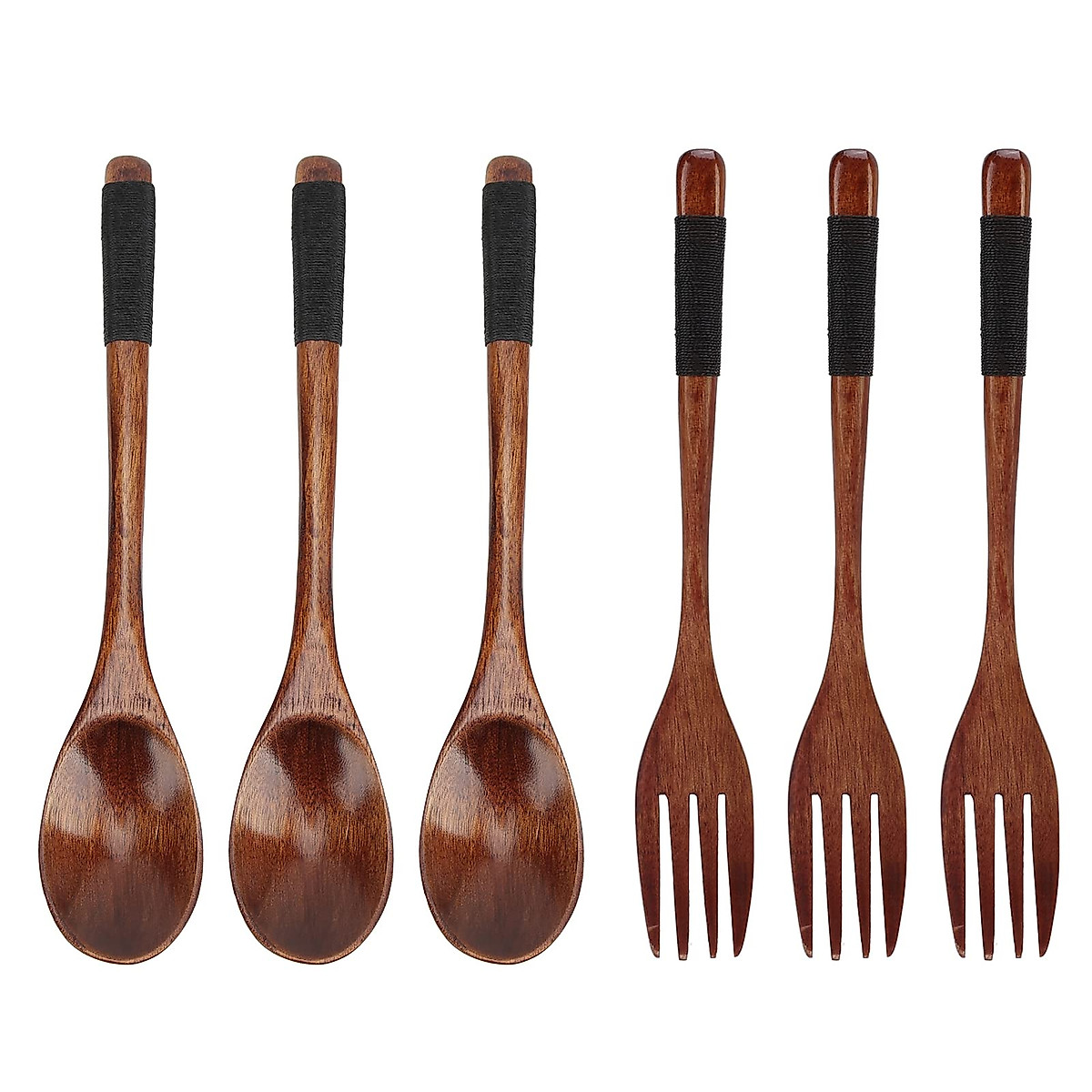 6pcs Spoons and Forks Set, Reusable Wooden Forks and Spoons for Eating 8.9in Japanese Wooden Utensil Set Natural Wood Cutlery