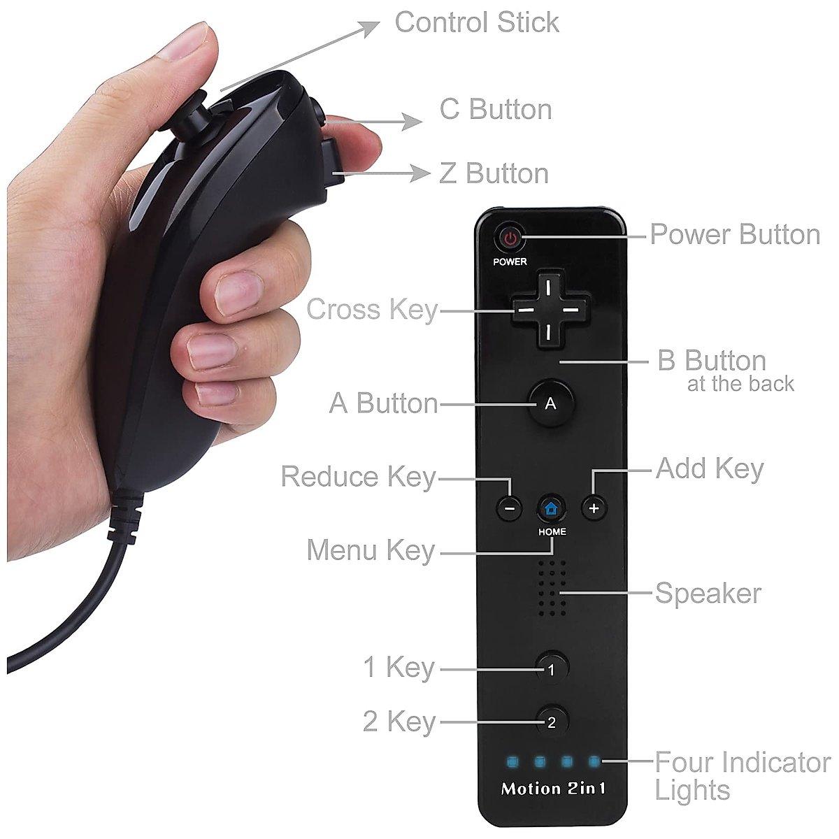 Wii Controller 2 Pack, Wii Remotes with Motion Plus and Nunchucks Compatible with Wii & Wii U Console, Wireless Remote come with Silicone Case and Wrist Strap (2 Black)