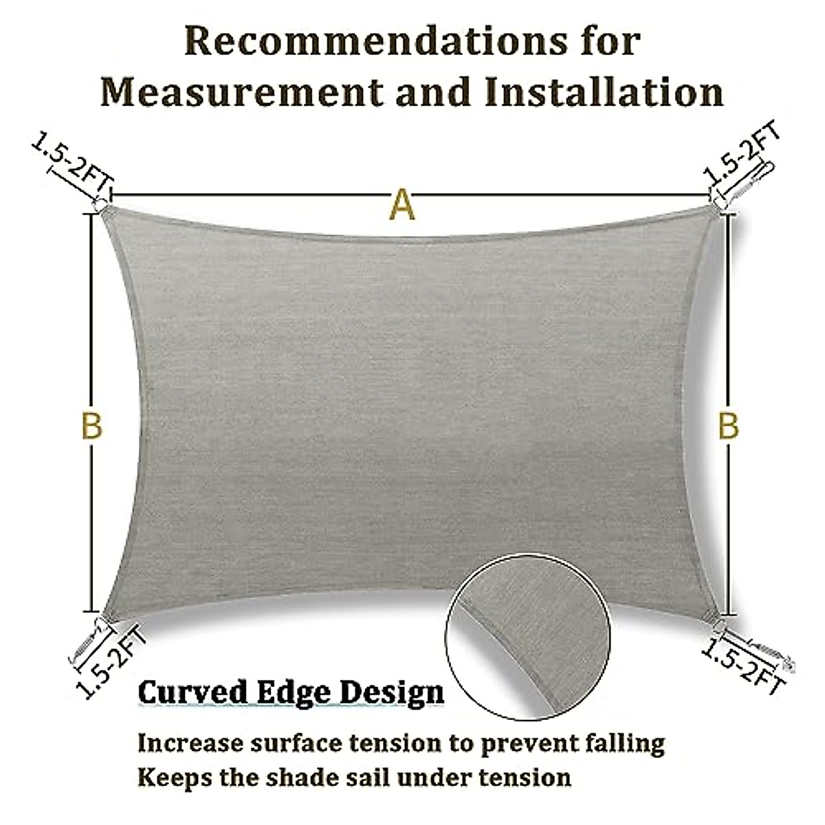 Shade&Beyond Sun Shade Sail Rectangle Canopy 8' x 12' Sail Shade Light Grey Sun Shades for Patios