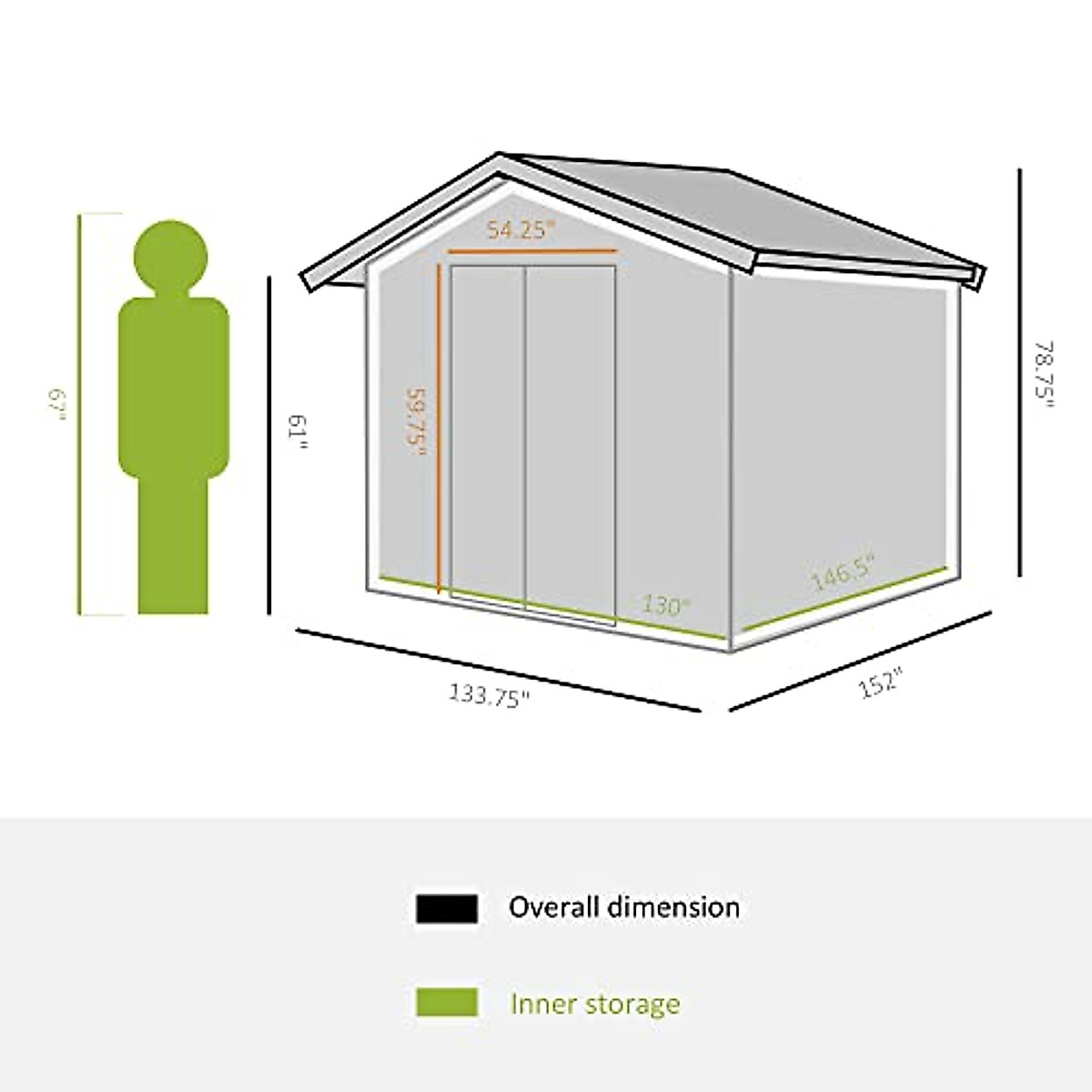 Outsunny 11.15'W x 12.5'D x 6.6'H Outdoor Backyard Garden Tool Shed with Double Sliding Doors, 4 Airy Vents, & Durable Steel, Dark Grey
