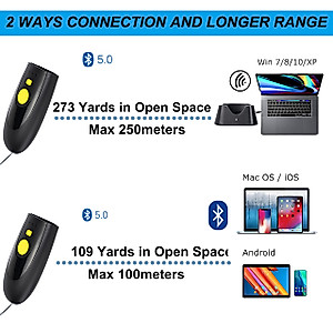 TEEMI Bluetooth Barcode Scanner with Charging Dock Data Receiver, Mini Bar Code Scanner with Neck Wrist Lanyard Included Handheld 2D QR Bar Code Reader for Tablet iPhone iPad Android iOS (Black)