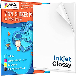 Printable Vinyl Sticker Paper for Inkjet Printer - Glossy White - 15 Self-Adhesive Sheets - Waterproof Decal Paper - Standard Letter Size 8.5"x11"