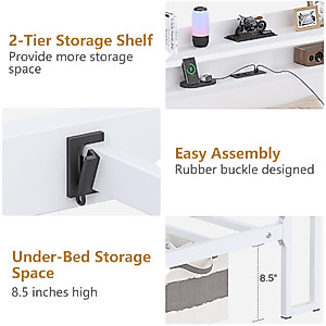 Elephance Twin Bed Frames with Charging Station and LED Lights, Metal Bed Frame with 2-Tier Storage Headboard, No Box Spring Needed, Noise Free, Easy Assembly