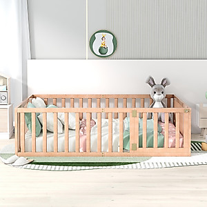 Harper & Bright Designs Floor Bed with Rails, Full Size Wood Floor Bed Frame with Fence and Door, for Kids Girls Boys (Natural)