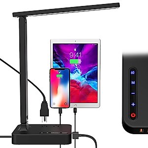Wood LED Desk Lamp with 3 USB Charging Ports and 2 AC Outlets,3 Color Temperatures & 3 Brightness Levels, Touch/Memory/Timer Function,10W Eye Protection Foldable Reading Light,Office Table Lamp Wood