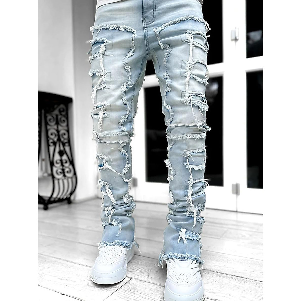 Stacked Jeans Men Skinny Ripped Jeans Slim Fit Denim Pants Y2K Goth Harajuku Emo Jeans Trouser
