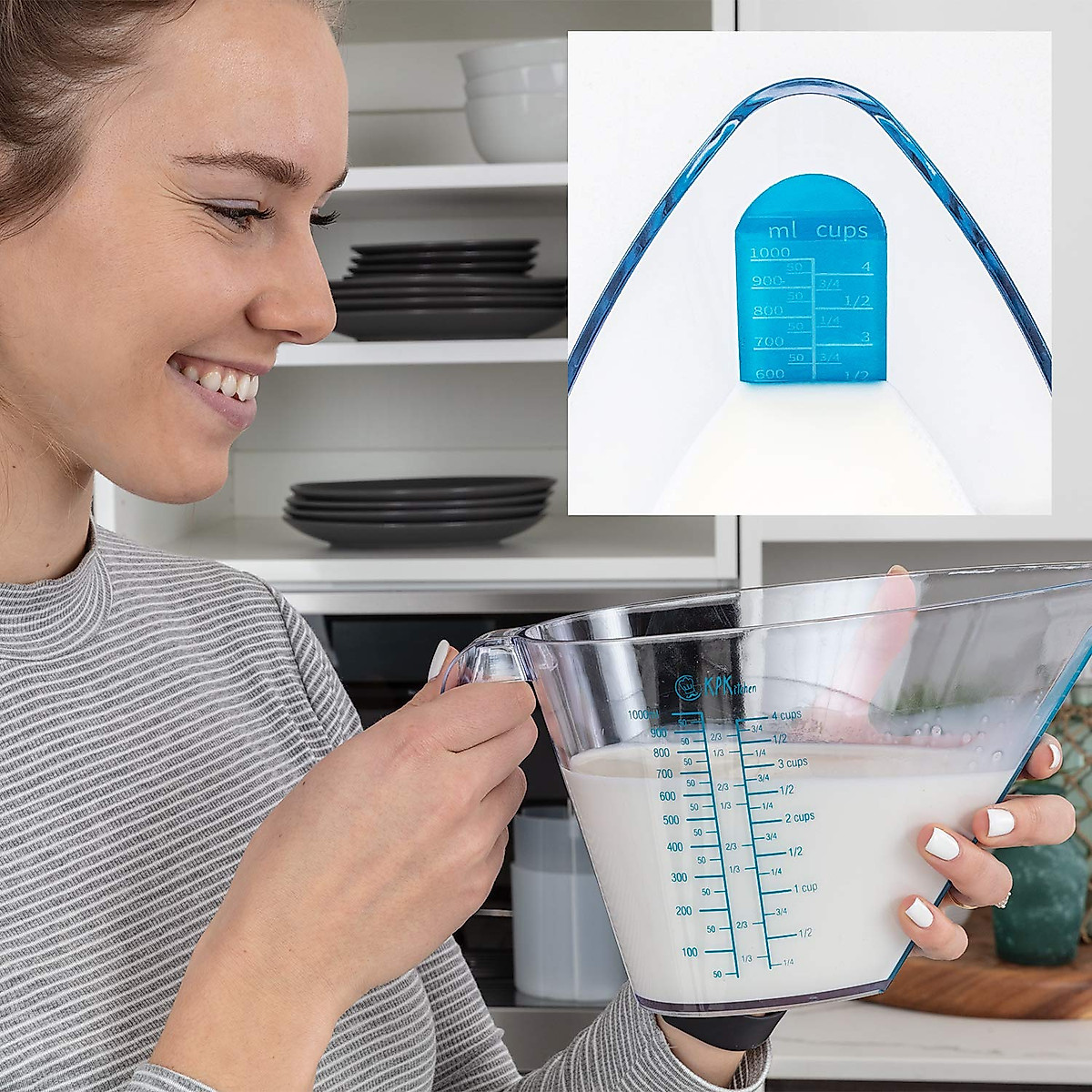 4-Piece Angled Liquid Measuring Cups Plastic Set - Mini Oz, 1, 2 and 4 Plastic Measuring Cup Sizes - Plastic Measuring Cups For Liquids with ML & Cups Measures - KPKitchen Small & Large Measure Cup