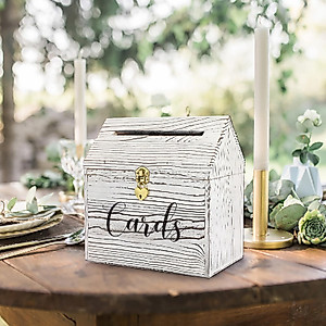 ELLDOO Wooden Wedding Card Box with Heart Lock, Rustic Gift Boxes, House Shape with Slot Decorative Wishing Card Holder Box for Wedding Receptions, Baby Shower, Birthday, Graduation, White