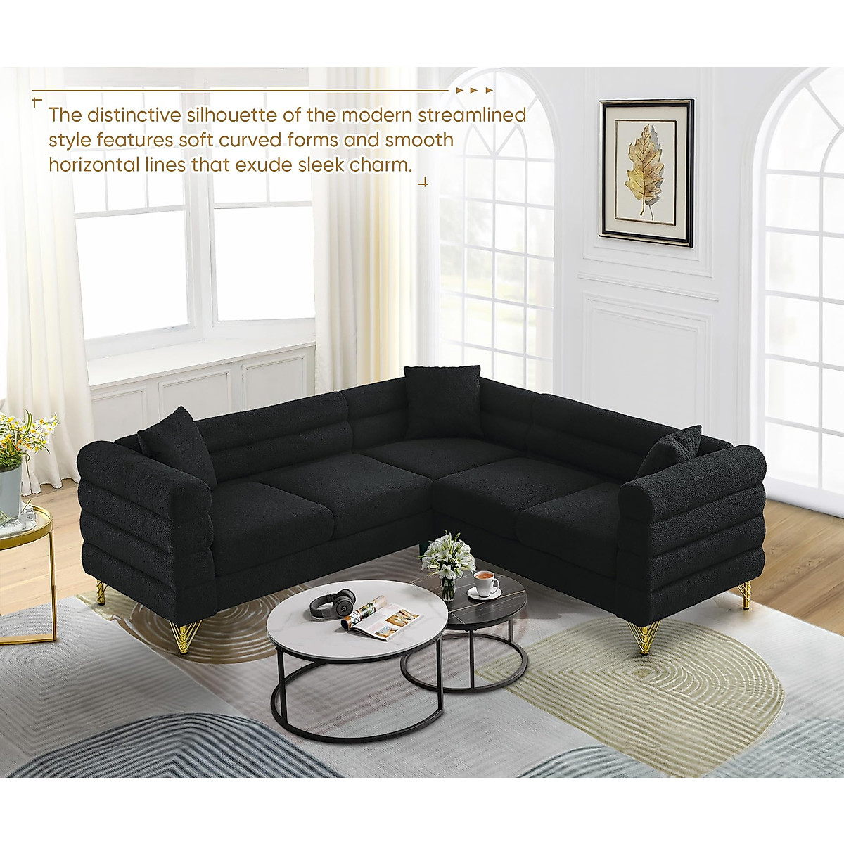 Comfy Boucle L Shaped Sofa, 81.5" Oversized Sectional Couch with Deep Seated Design, Upholstered Corner Sofa Couch with 3 Pillows, Modern Couches for Living Room, Apartment, Waiting Room, Black Teddy