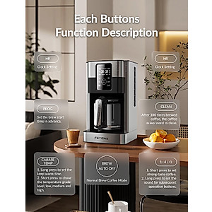 FETIONS Coffee Maker with Glass Carafe for Home Office, Programmable Stainless Steel Drip Coffee Machine with Timer Auto Shut-Off, LED Screen, 12-Cup Coffee Pot with Anti-Drip System, Reusable Filter