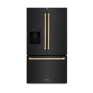 ZLINE Autograph Edition 36 in. 28.9 cu. ft. Standard-Depth French Door External Water Dispenser Refrigerator with Dual Ice Maker in Black Stainless Steel and Champagne Bronze Traditional Handles
