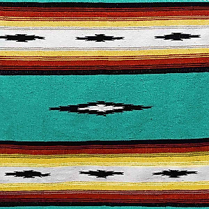 Open Road Goods Teal/Turquoise Diamond Mexican Yoga Blanket, Thick Serape with Red and Yellow Sunset Stripes - Handmade
