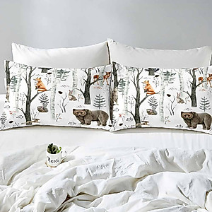 LUVIVIHOME 4PCS Woodland Animals Sheets Set, Queen Bed Sheets, White Sheets, Boys Girls Kids Bedding, Bear Deer Fox Forest Animal Lodge Cabin Bedding Set, 1 Fitted Sheet & 1 Flat Sheet & 2 Pillowcases