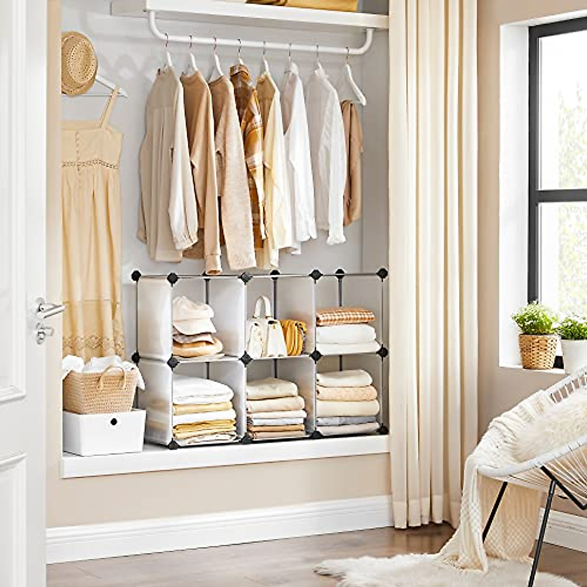 SONGMICS Storage Cubes and Cube Storage Organizer Bundle, 6 Non-Woven Fabric Bins with Double Handles, 6 Closet Organizers and Storage, Geay and White UROB26LG and ULPC06W