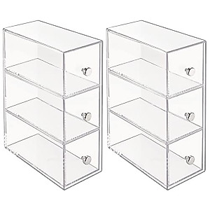 mDesign Plastic Stackable Desktop Organizer Tower Storage Station with 3 Drawers for Home Office - Holds Pens, Sticky Notes, Binder Clips, Notepads, or Gel Pens - Lumiere Collection - 2 Pack - Clear