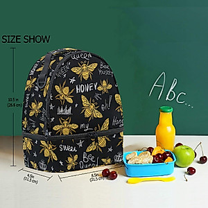 Naanle Golden Honey Bee Animal Lunch Bags for Women Men Youth Lunch Boxes Insulated Lunch Bag with Shoulder Strap Double Decker Dual Compartment Waterproof Reusable Lightweight tote bag
