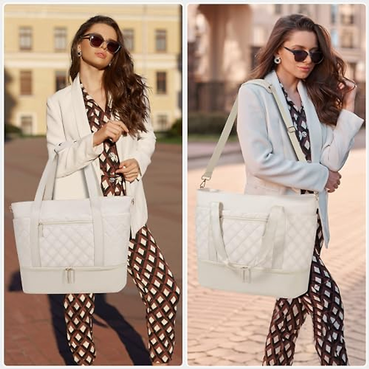 Lororado Travel Tote Bags for Women, 3 pcs Set Expandable Travel Duffel Bag with Toiletry Bag & Neck Pillow, Carry on Overnight Bag, Weekender Bag with Shoe Compartment, Gym Hospital Bag(Large-Beige)