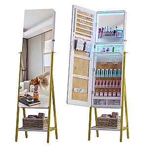 Lvifur LED Jewelry Armoire Freestanding, 3 Color Dimmable 47.2'' Full Length Mirror Large Capacity Jewelry Organizer Armoire, Lockable Floor Standing Mirror All in One for Bedroom, Cloakroom