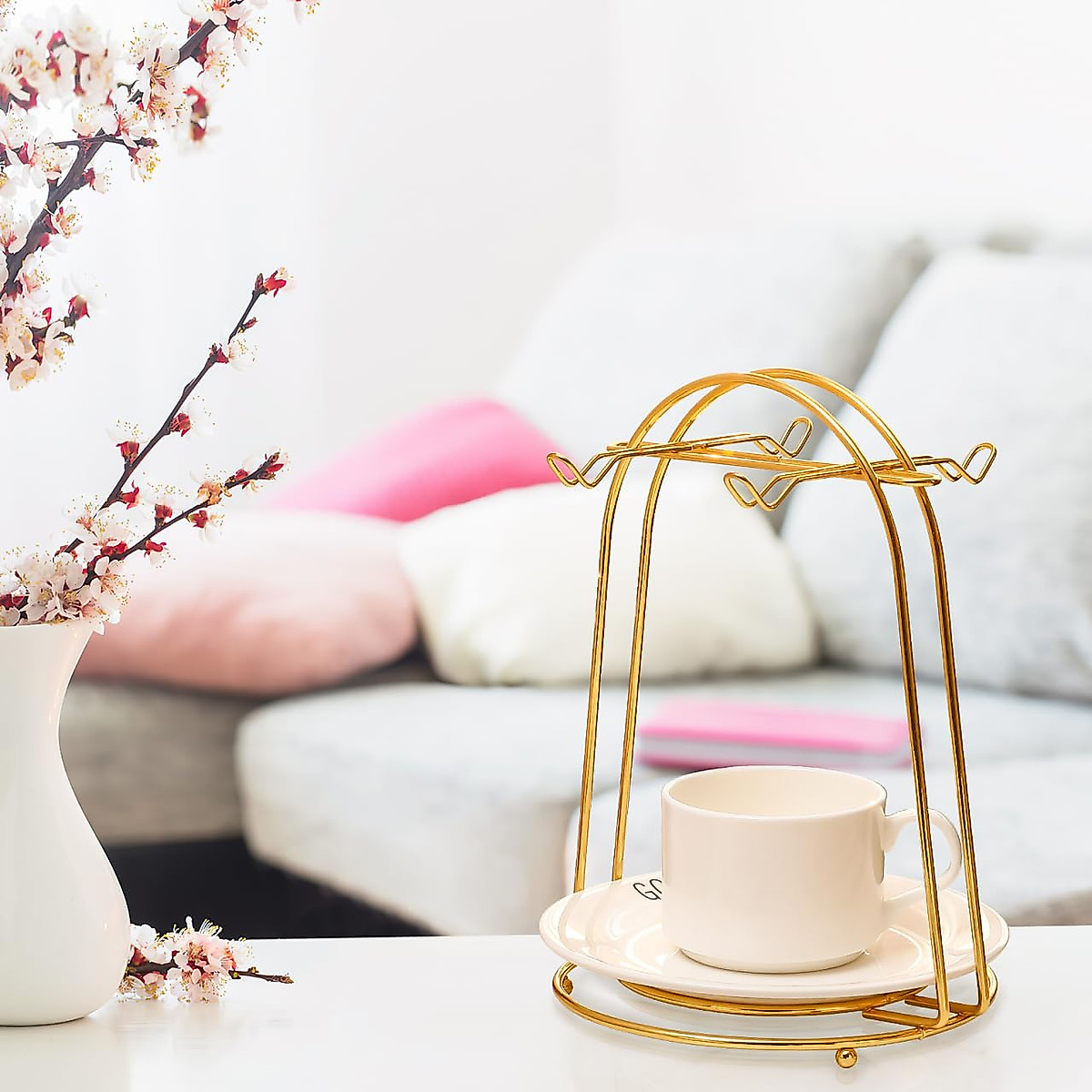 jojofuny Golden Metal Tea Mugs Display Stand 4 Hook European Style Cups Holder Tree Wrought Iron Saucer Organizer Rack for Coffee Home Jewelry Entryway Key Bar Accessories