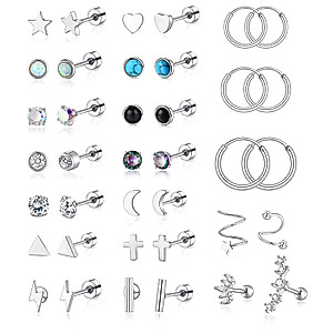 PLOMFOV 20G Stainless Steel Stud Earrings for Women Men CZ Heart Star Moon Flat Back Earrings Cartilage Hoops Helix Tragus Daith Earrings Piercing Jewelry Silver