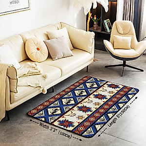 Erosebridal Black Bear Carpet Exotic Bull Skull Living Room Rug 3x5 for Bedside,Ethnic Tribe Arrow Aztec Indoor Floor Mat Tribal Geometry Diamond,Boho Western Decor Accent Rug Set for Bedroom,Red Blue