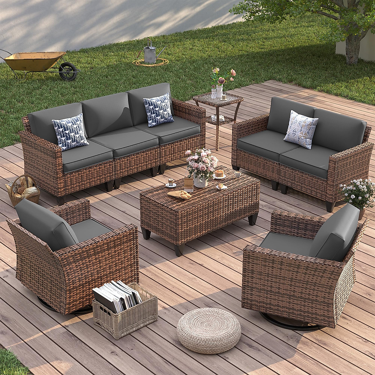 UDPATIO Patio Furniture Set, 6 Pieces Outdoor Conversation Sets with Rocking Swivel Chairs, Wicker Rattan Outdoor Sofa Set with Storage Table and Waterproof Covers for Backyard, Deck, Porch