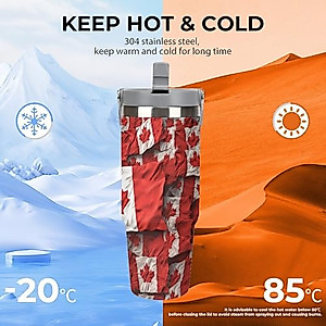 Canadian Flag Tumbler 30oz Large Capacity Car Cup with Handle Fit in Any Car Cup Holder Stainless Steel Leakproof Insulated Coffee Tumblers with Lid And Straw