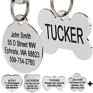 GoTags Stainless Steel Pet ID Tags, Personalized Dog Tags and Cat Tags, up to 8 Lines of Custom Text, Engraved on Both Sides, in Bone, Round, Heart, Bow Tie and More