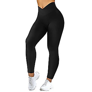 MOOSLOVER Women Crossover V Waist Butt Lifting Leggings High Waisted Yoga Pants(XL,Black-722)