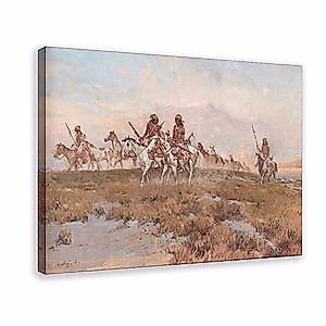 Vintage Native Americans Oil Painting Rural Landscape Wall Art Rustic Horse Riders Home Decor Frame-b-2 24x36inch(60x90cm)