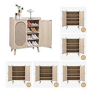 Wirrytor Rattan Shoe Cabinet, 16 Pairs Shoe Storage Cabinet With 4 Rattan Doors,4-Tier Modern Entryway Organizer Cabinet,Freestanding Shoe Rack Organizer Cabinet for Closet Hallway Living Room,Natural