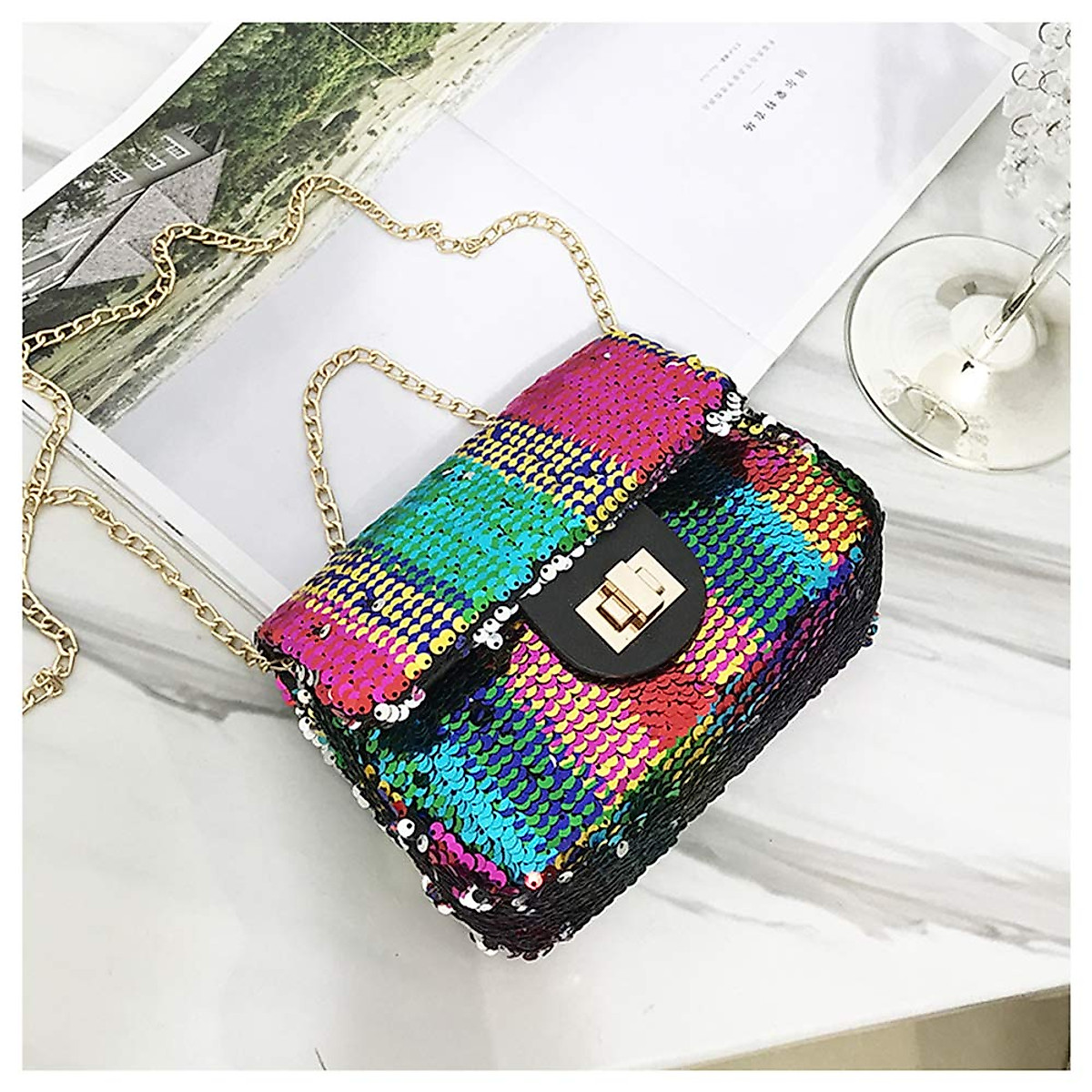 Sequin Crossbody Purse Shoulder Bags Rainbow Stylish Handbag Reversible Pouch with Chains for Girls Womens