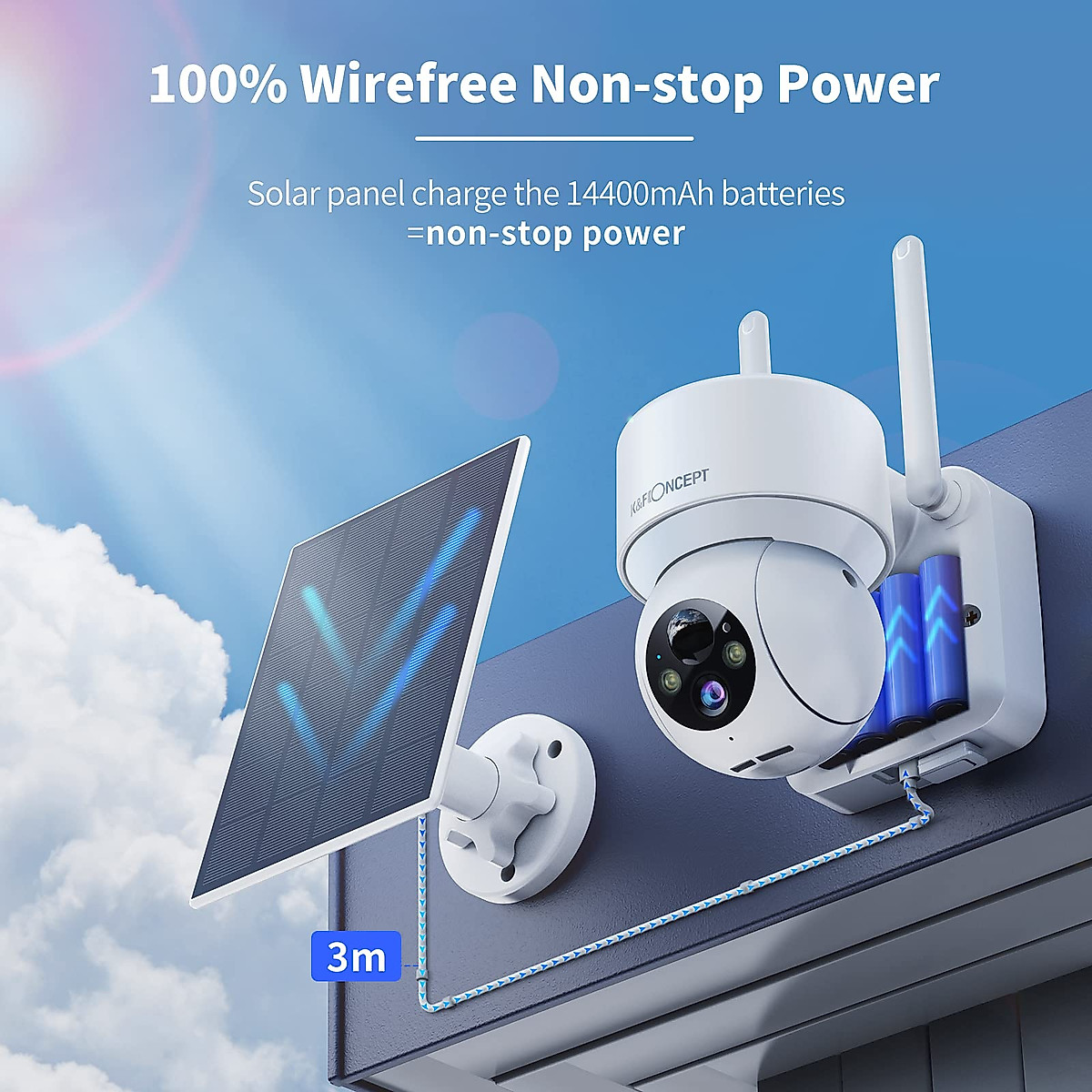 K&F Concept Solar Security Camera Wireless Outdoor, 2.4G WiFi Solar & Battery Powered Surveillance Camera, PTZ Home Security Camera with Color Night Vision & Siren/Motion Detection, 2 Way Talk