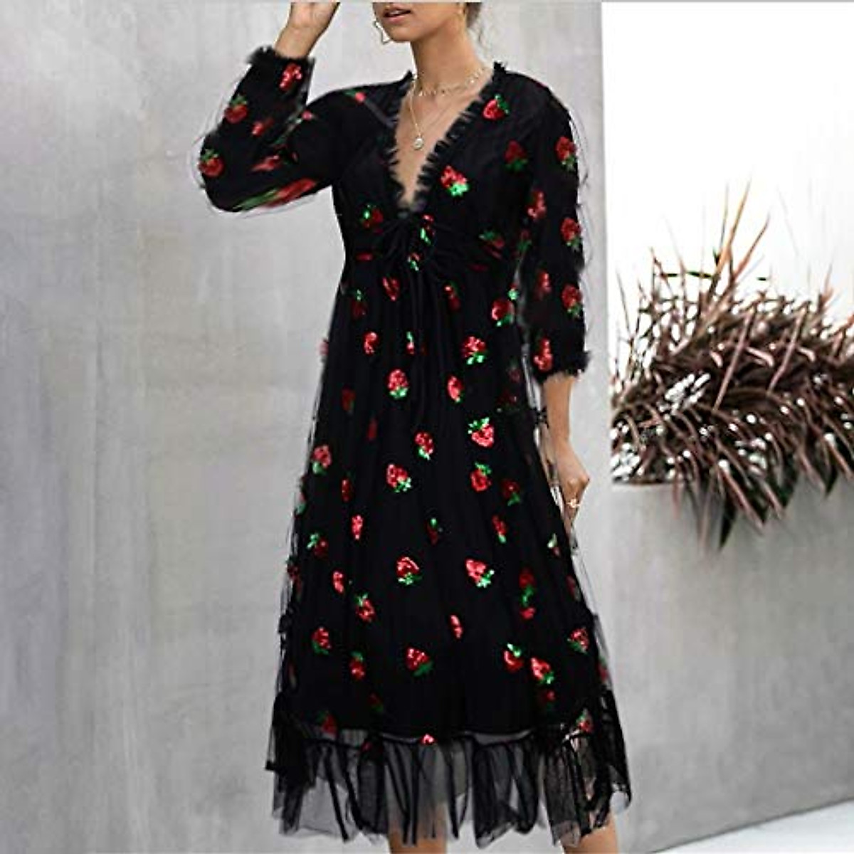 Daorokanduhp Fashion Women Long Dress Sexy Strawberry Sweet Mesh Yarn V-Neck Pleated Casual Ankle Length Sundress