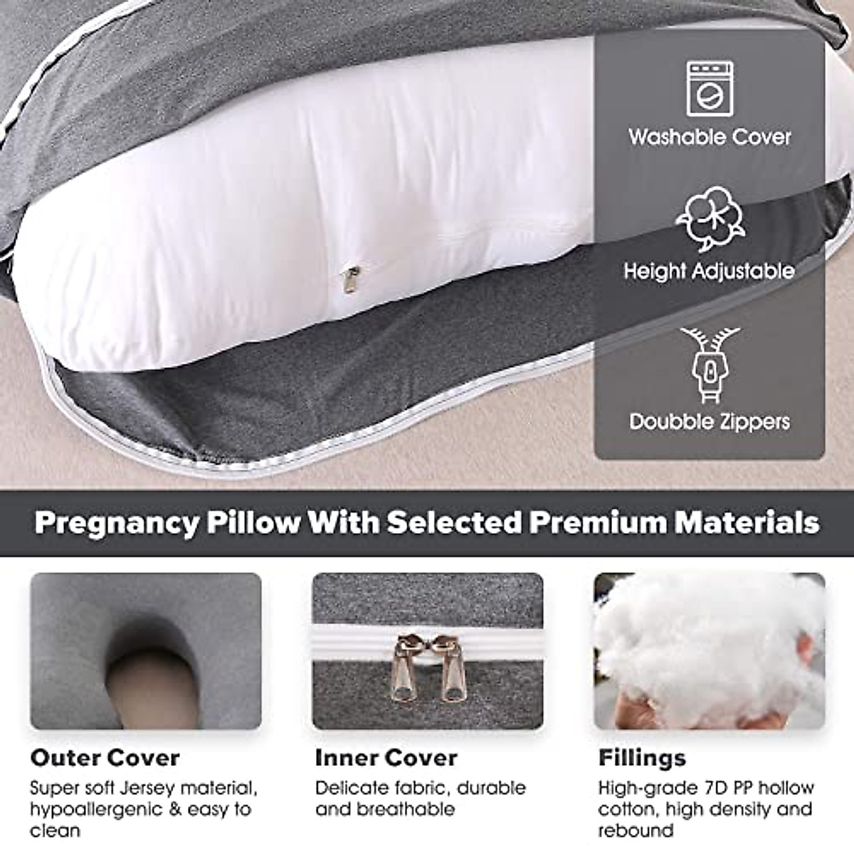 Elover Pregnancy Pillows for Sleeping,U Shaped Full Body Pillow for Pregnancy Women with Removable Jersey Cotton Cover,57 Inch Maternity Pillow(Jersey,Dark Grey)
