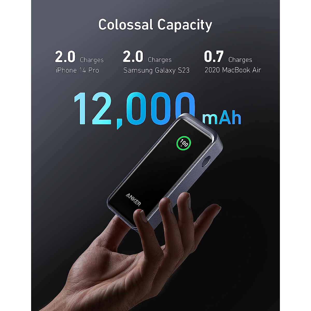 Anker Prime Power Bank, 12,000 mAh 2-Port Portable Charger with 130W Output, Smart Digital Display, Compatible with iPhone 15/14/13 Series, MacBook, Dell