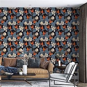 UniGoos White Floral Peel and Stick Wallpaper Black Background Blue Palm Flower Contact Paper Vinyl Self-Adhesive Vintage Wall Paper Roll for Cabinet DIY Decor 17.7" x 118"