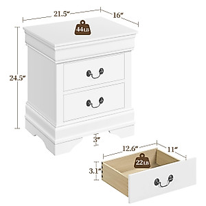 Yaheetech Fully-Assembled Nightstands Set of 2, 2-Drawer Nightstands Large Classic Bedside Tables with Storage, Wooden Painted Storage Cabinet for Bedroom, 21.5″L×16″W×24.5″H, White