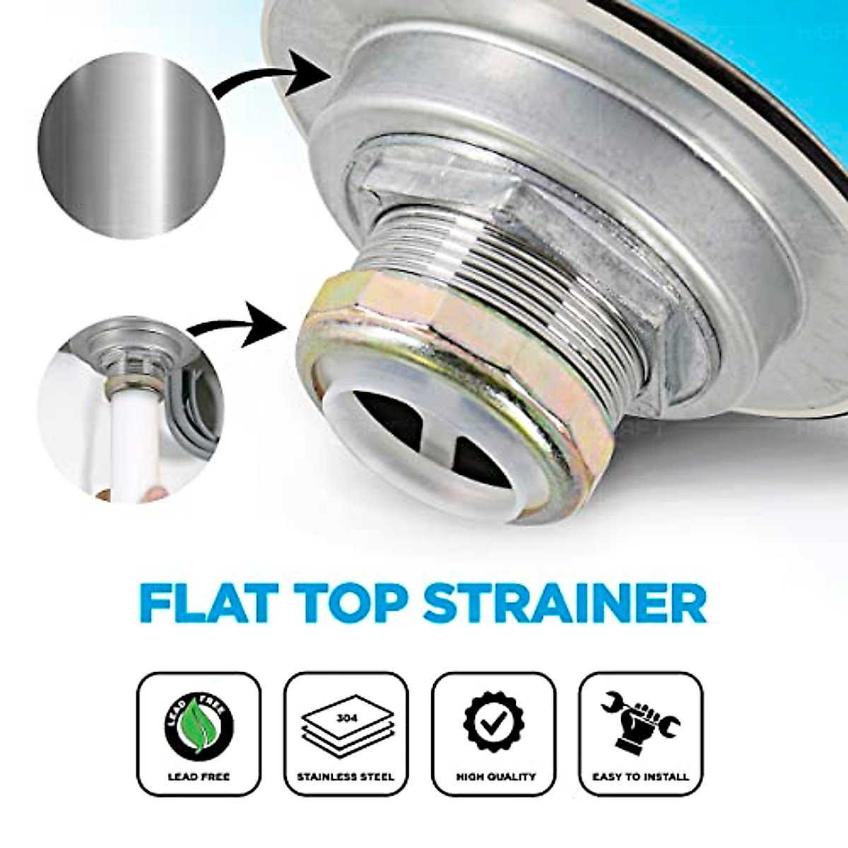 Highcraft 97I3 Flat Stainless Steel RV Mobile Shower Strainer-Drain Assembly for Kitchen or Laundry Sinks, Large